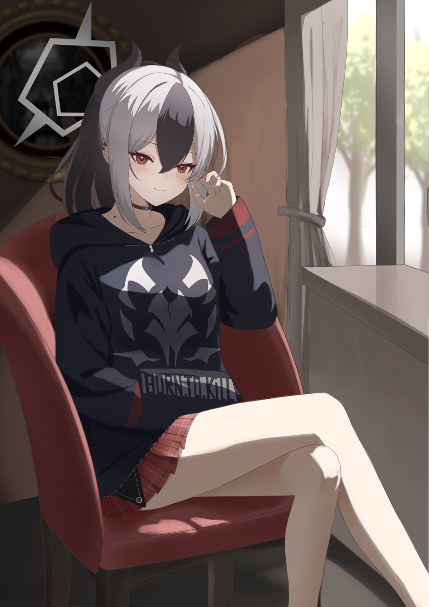 Safebooru - 1girl bare legs black choker black hoodie black skirt blue archive blush choker ...