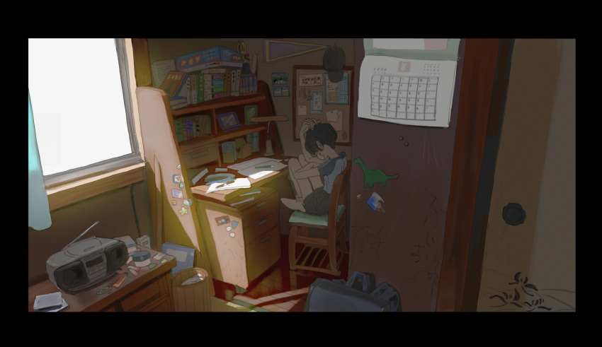 Safebooru - 1girl back black hair blue shirt book bookshelf calendar (object) highres indoors ...