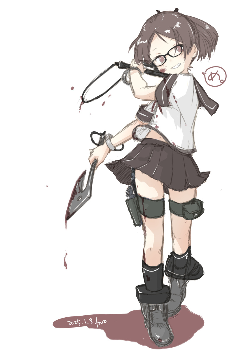 Safebooru - 1girl absurdres artist name axe bespectacled black socks brown eyes brown hair brown ...