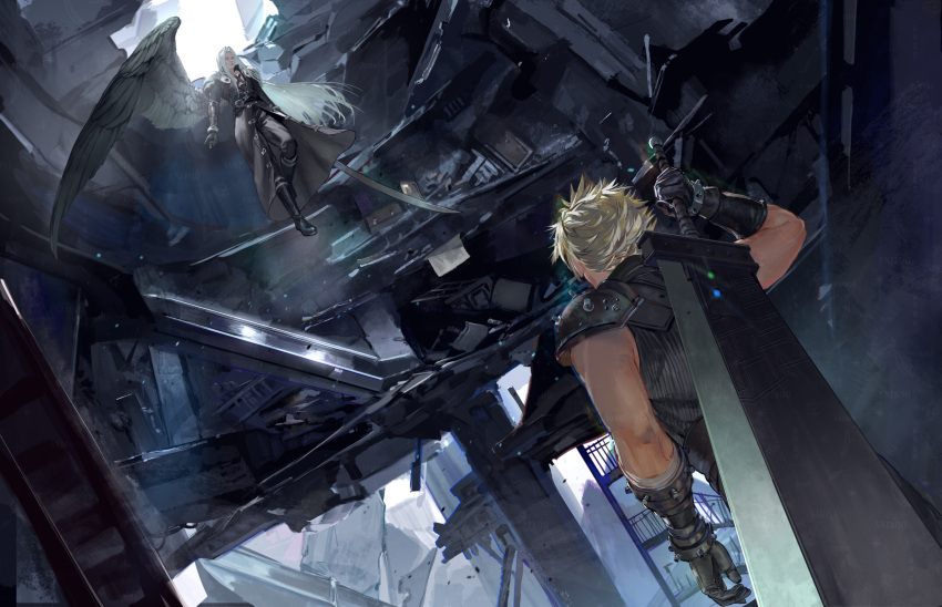 Safebooru - 2boys absurdres armor black coat black gloves blonde hair buster sword chest strap ...