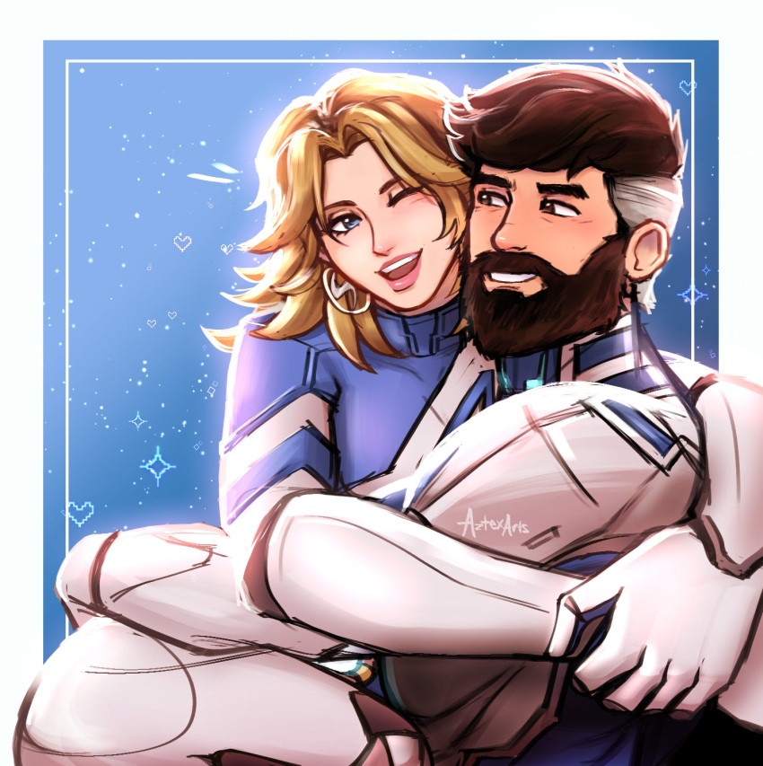 Safebooru - 1boy 1girl aztexarts beard blonde hair blue bodysuit blue eyes bodysuit brown eyes ...
