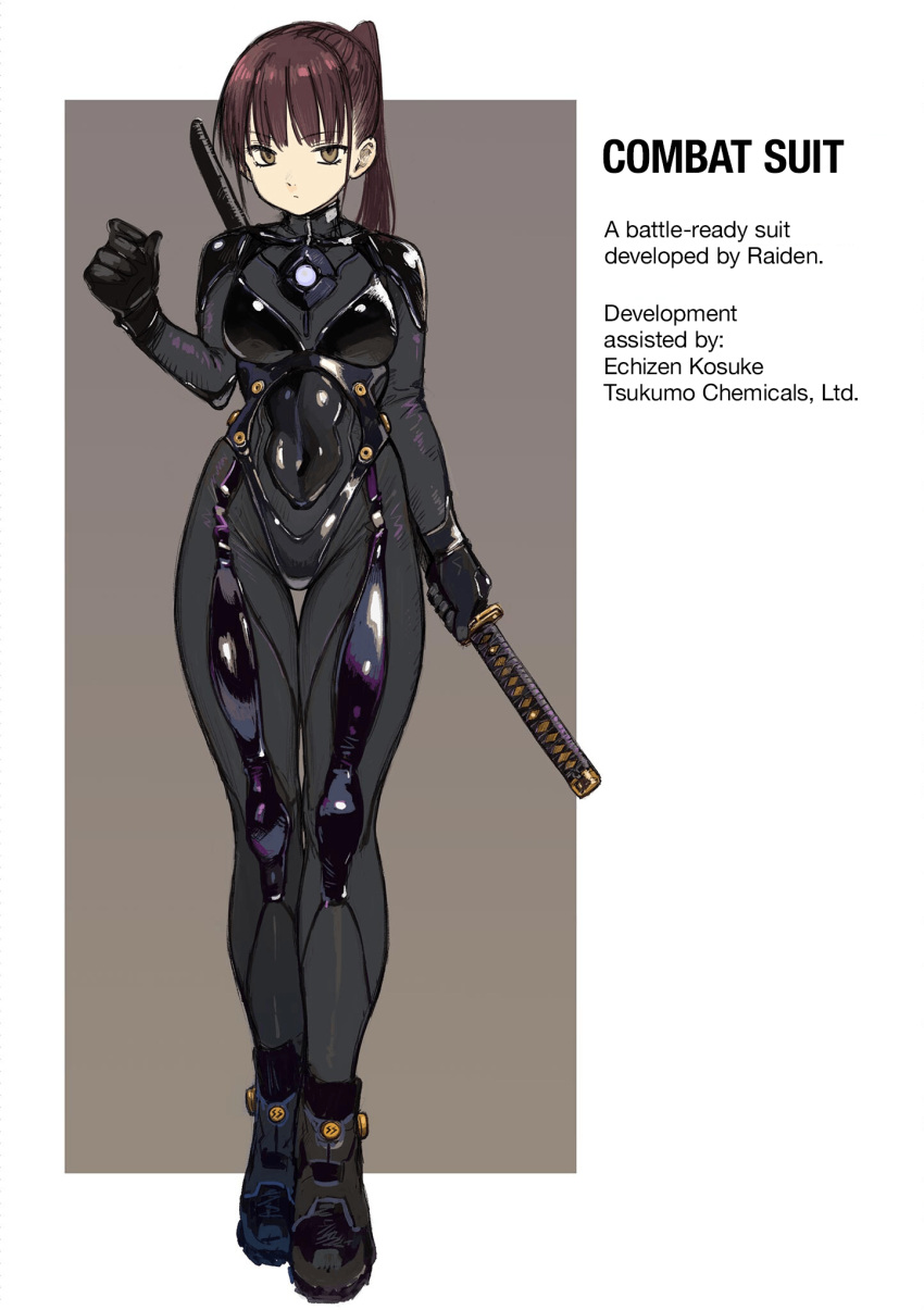 Safebooru - 1girl black bodysuit black footwear bodysuit brown eyes brown hair covered navel ...