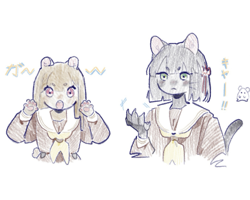 Safebooru - 2girls :o animal hands black hair blunt bangs blunt ends ...