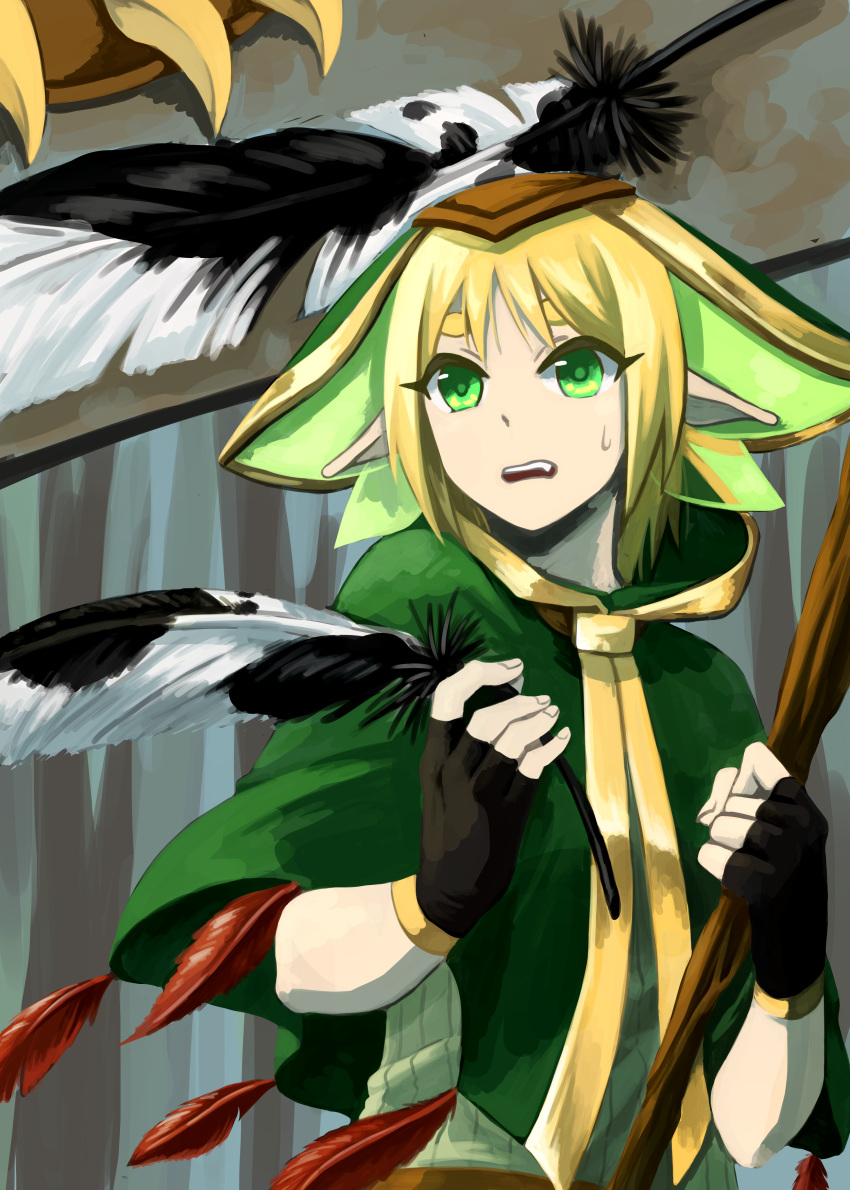 Safebooru - 1girl 9zirane5 absurdres feathers fingerless gloves gloves green eyes highres ...