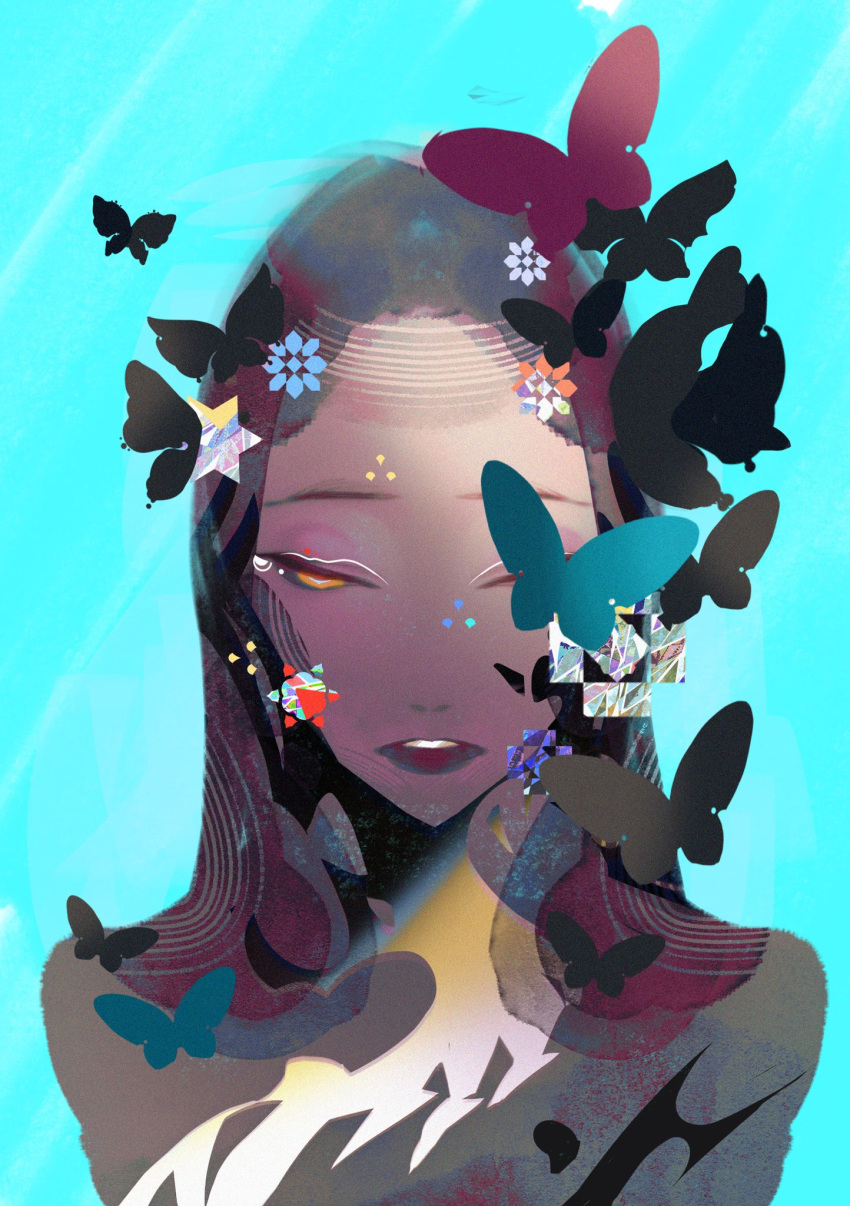 Safebooru 1girl Bare Shoulders Black Butterfly Black Hair Blue 2070