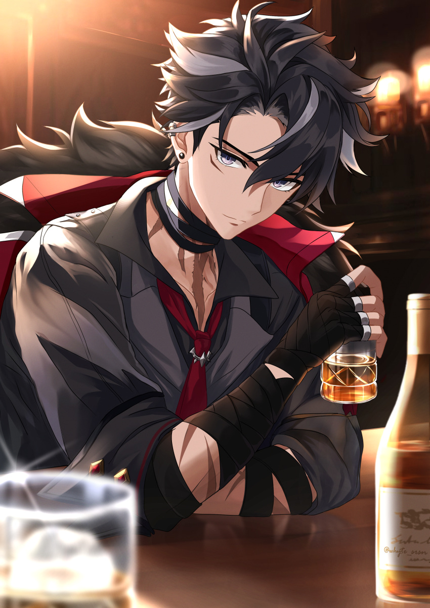 Safebooru - 1boy absurdres alcohol artist name backlighting bandaged arm bandaged neck bandages ...