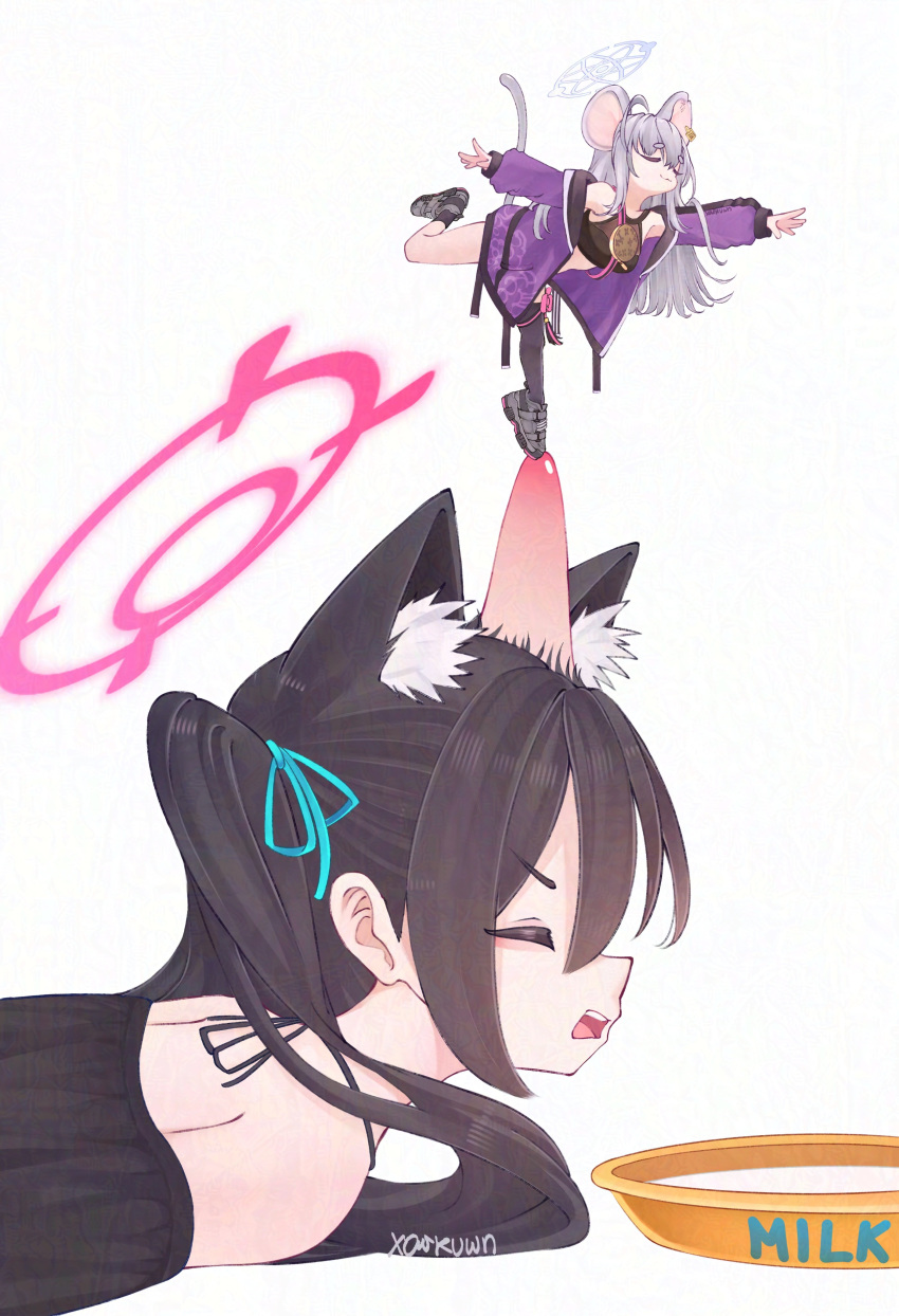 Safebooru - 2girls :3 absurdres animal ear fluff animal ears aqua ribbon arabesque (pose) artist ...