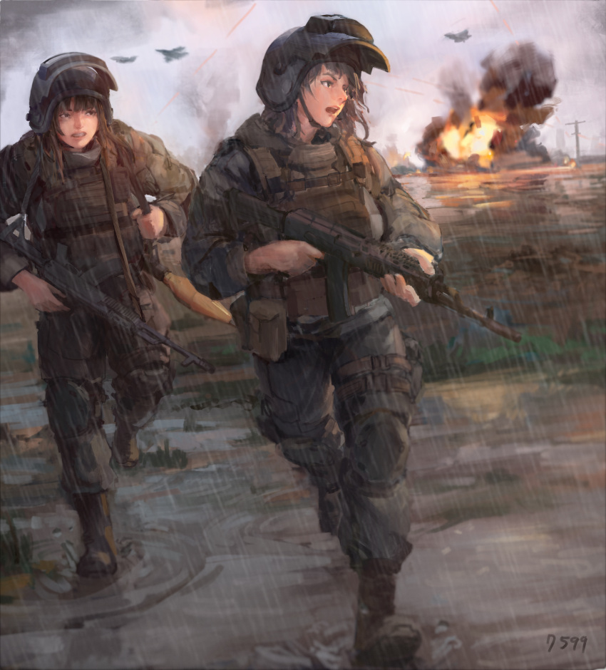 Safebooru - 2girls absurdres aircraft airplane airstrike ak-74m altyn ...
