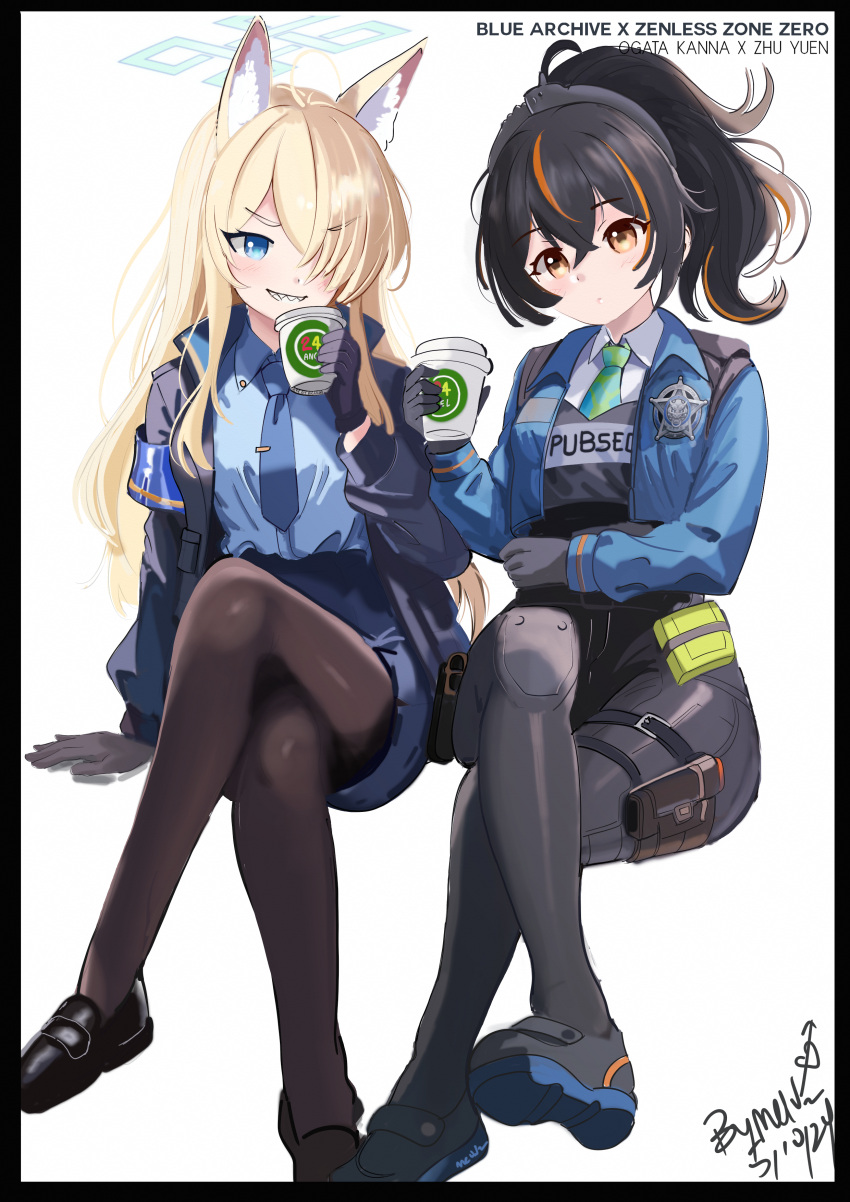 Safebooru - 2girls absurdres ahoge animal ear fluff animal ears arm support armband black gloves ...