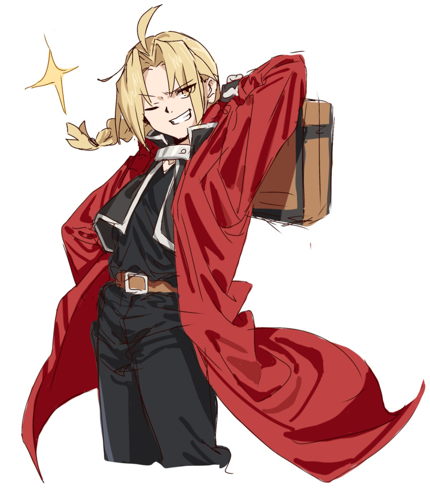 Safebooru - 1boy ahoge belt black pants black shirt blonde hair braid braided ponytail briefcase ...