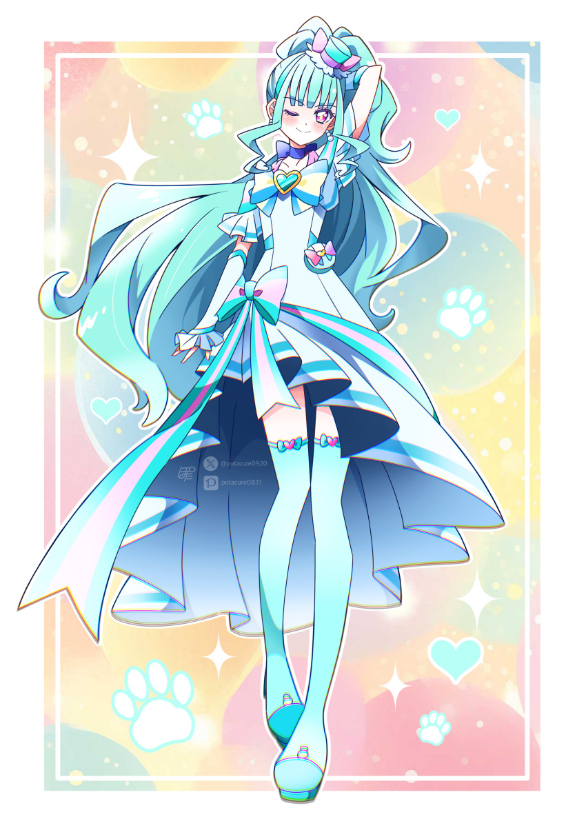 Safebooru - 1girl absurdres aqua footwear aqua hair aqua hairband aqua hat aqua thighhighs arm ...