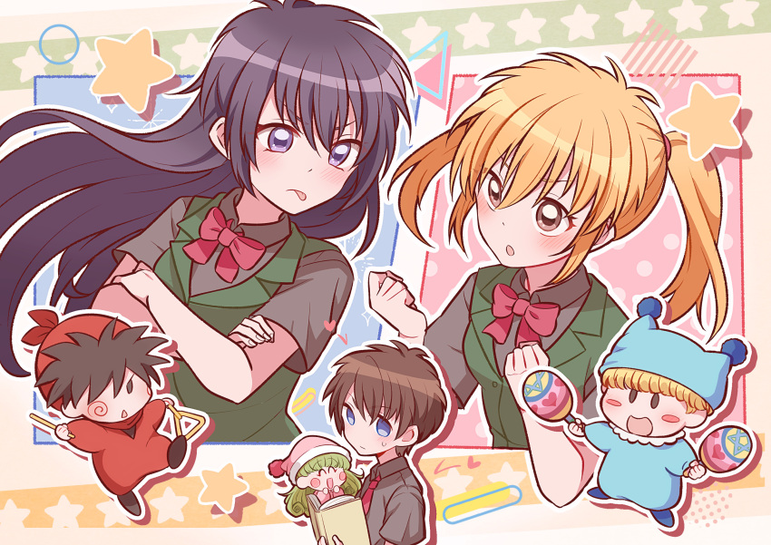 Safebooru - 3boys 3girls black hair blonde hair blue pajamas bow bowtie ...