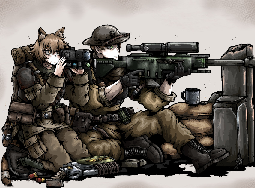 Safebooru - 1boy 1girl aiming animal ear fluff animal ears astra militarum backpack bag black ...