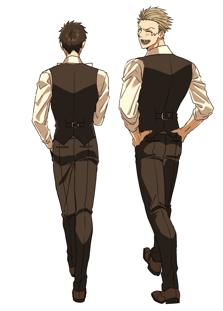 Safebooru - 2boys absurdres alex elliot black vest brown footwear brown hair facial mark full ...