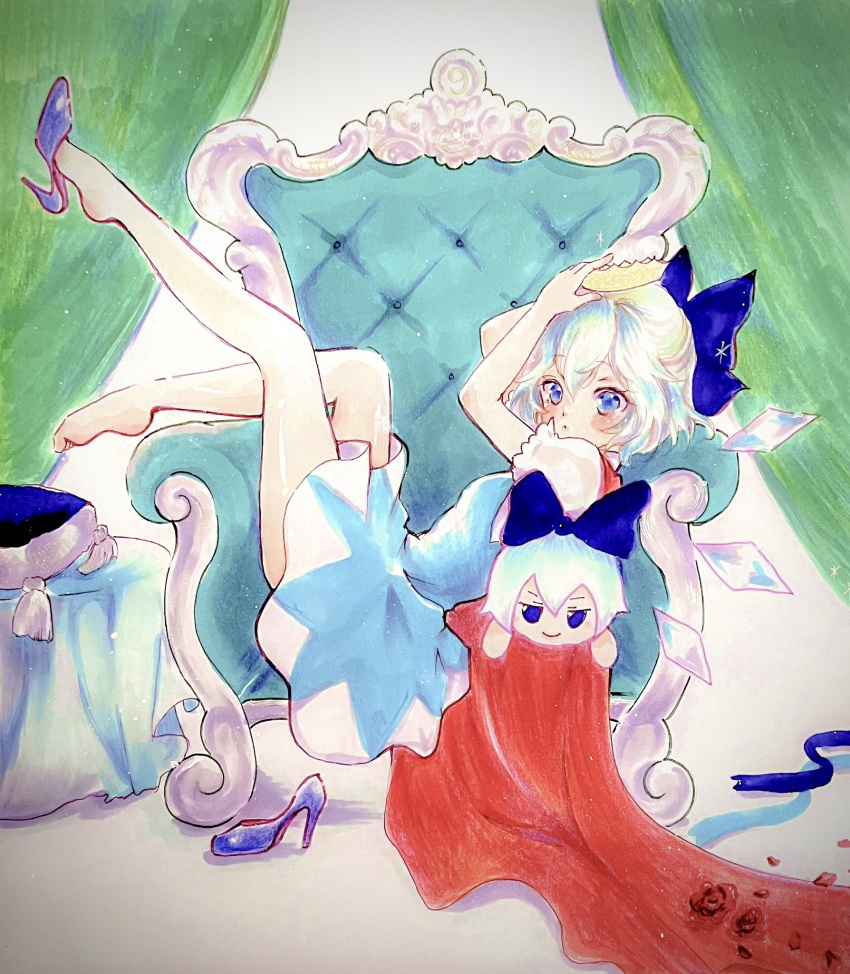 Safebooru - 1girl bare legs barefoot blue bow blue dress blue eyes blue footwear blue hair blue ...