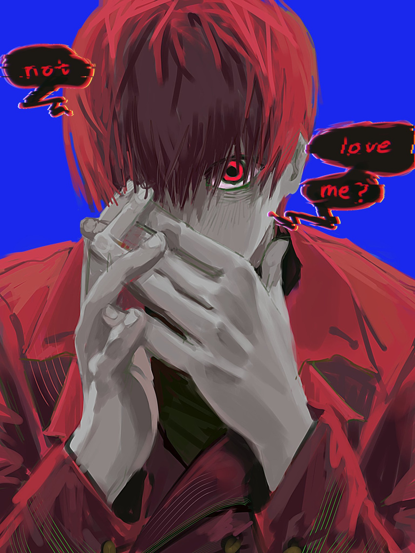 Safebooru - 1boy blue background coat commentary request english text hands up highres ...