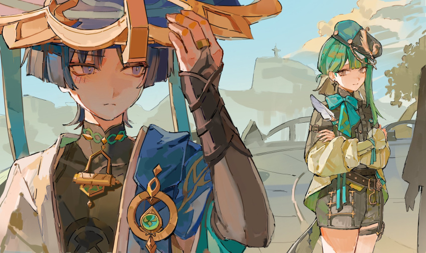 Safebooru - 1boy 1girl anemo symbol (genshin impact) aqua sleeves arm ...