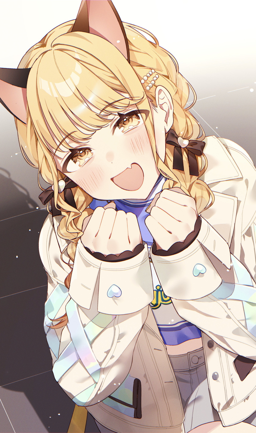 Safebooru - 1girl absurdres animal ears black ribbon blonde hair blue shirt blush braid cat ears ...