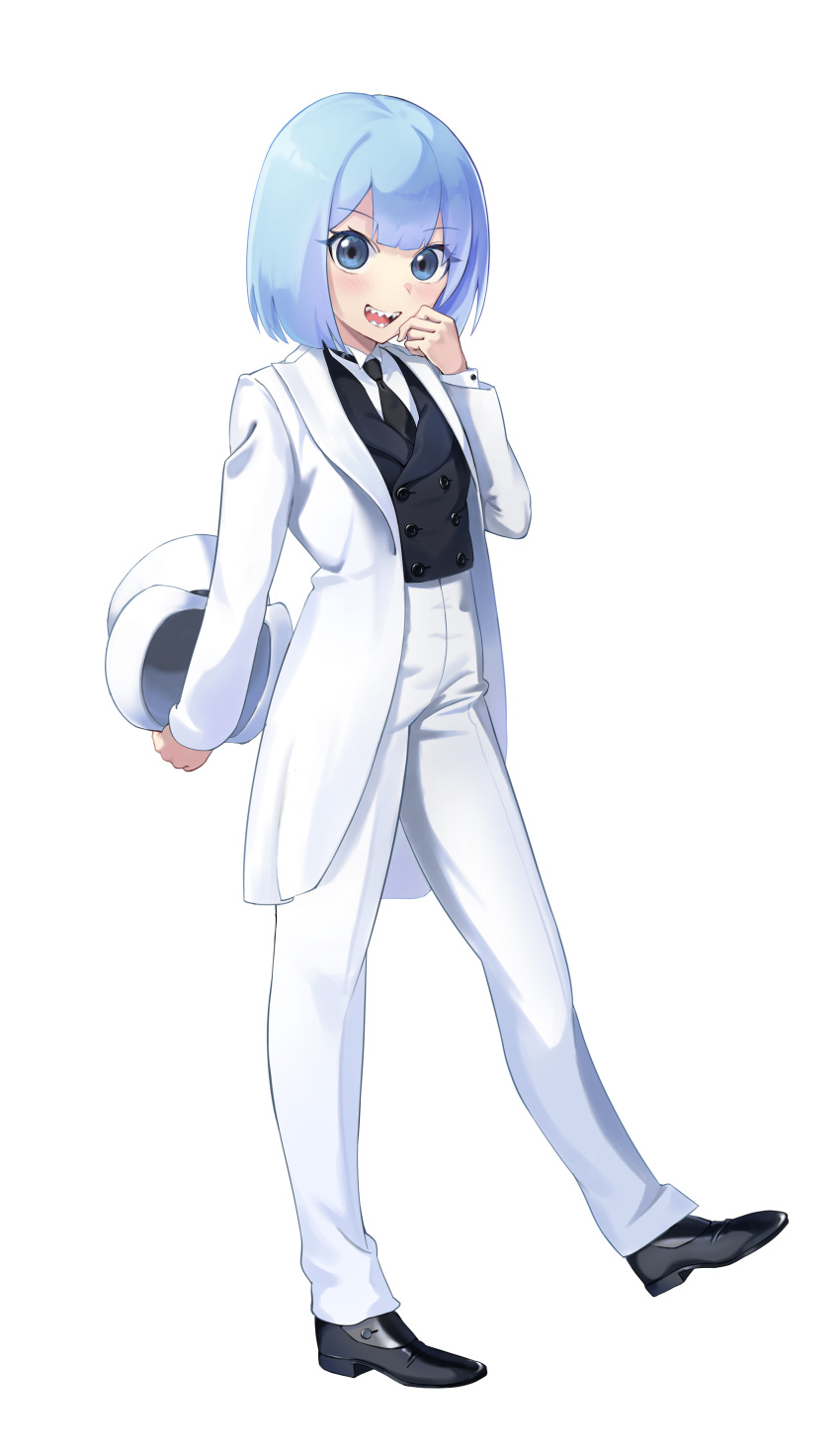 Safebooru - 1girl :d absurdres black footwear black necktie black shirt blue eyes blue hair ...