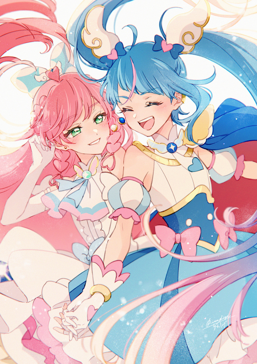 Safebooru - 2girls artist name ascot backlighting blue bow blue cape blue dress blue hair bow ...