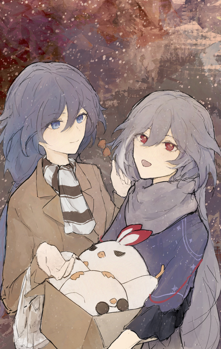 Safebooru - 2girls absurdres blue eyes box brown coat chinese commentary closed mouth coat ...