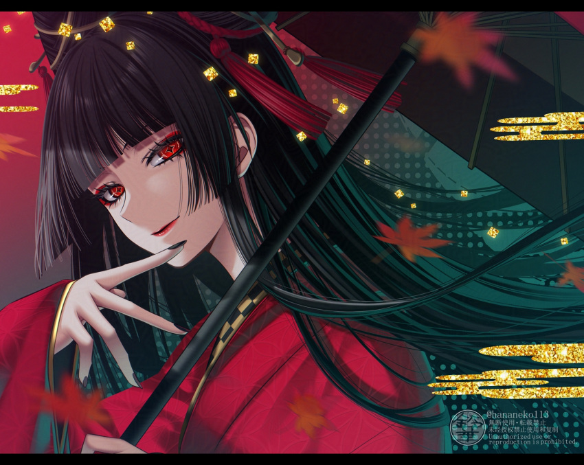 Safebooru - 1girl autumn leaves black hair blunt bangs dress eye focus eyeliner hime cut ...
