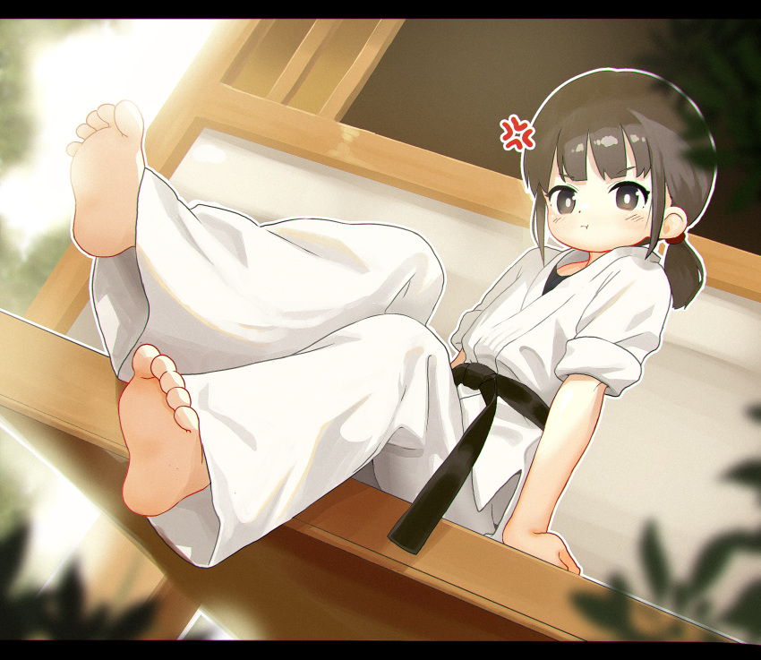 Safebooru - 1girl anger vein barefoot belt black belt blurry blurry foreground bright pupils ...