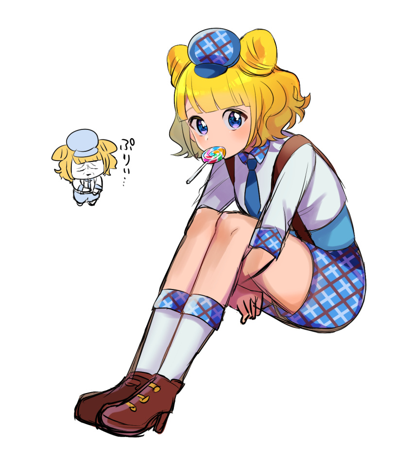 Safebooru - 1girl beret blonde hair blue eyes blue necktie boots brown footwear candy double bun ...