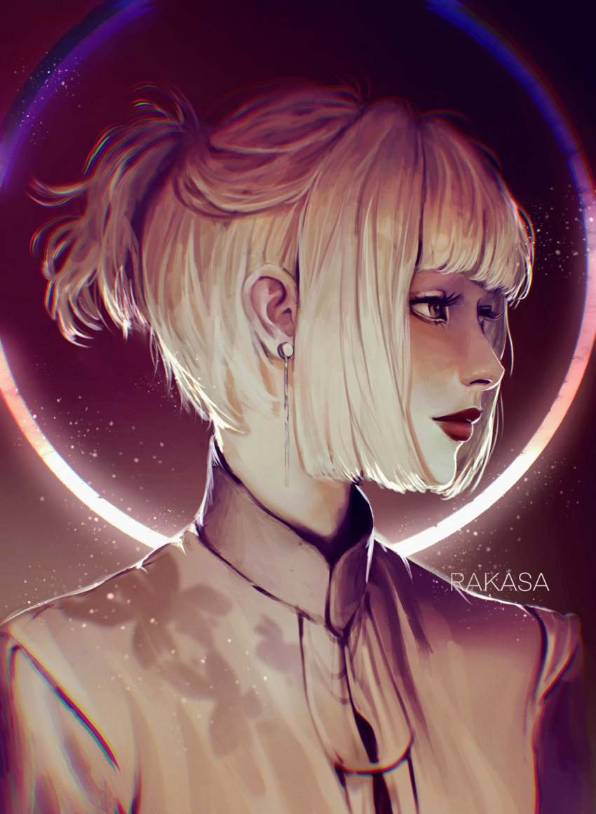 Safebooru - 1girl artist name blonde hair blunt bangs brown eyes chromatic aberration circle ...