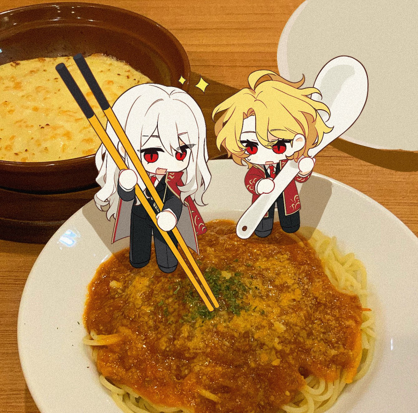 Safebooru - 1boy 1girl blonde hair bowl chibi chinese spoon chopsticks ...