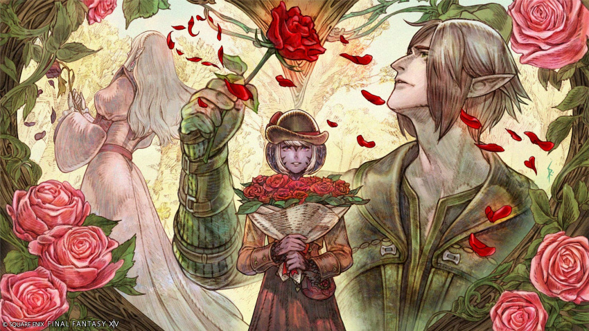 Safebooru - 1boy 2girls au ra blonde hair bouquet colored skin elezen ...