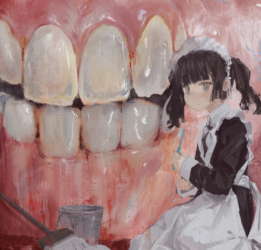 Safebooru - 1girl apron black dress black eyes black hair chunkyeggy closed mouth dress frilled ...