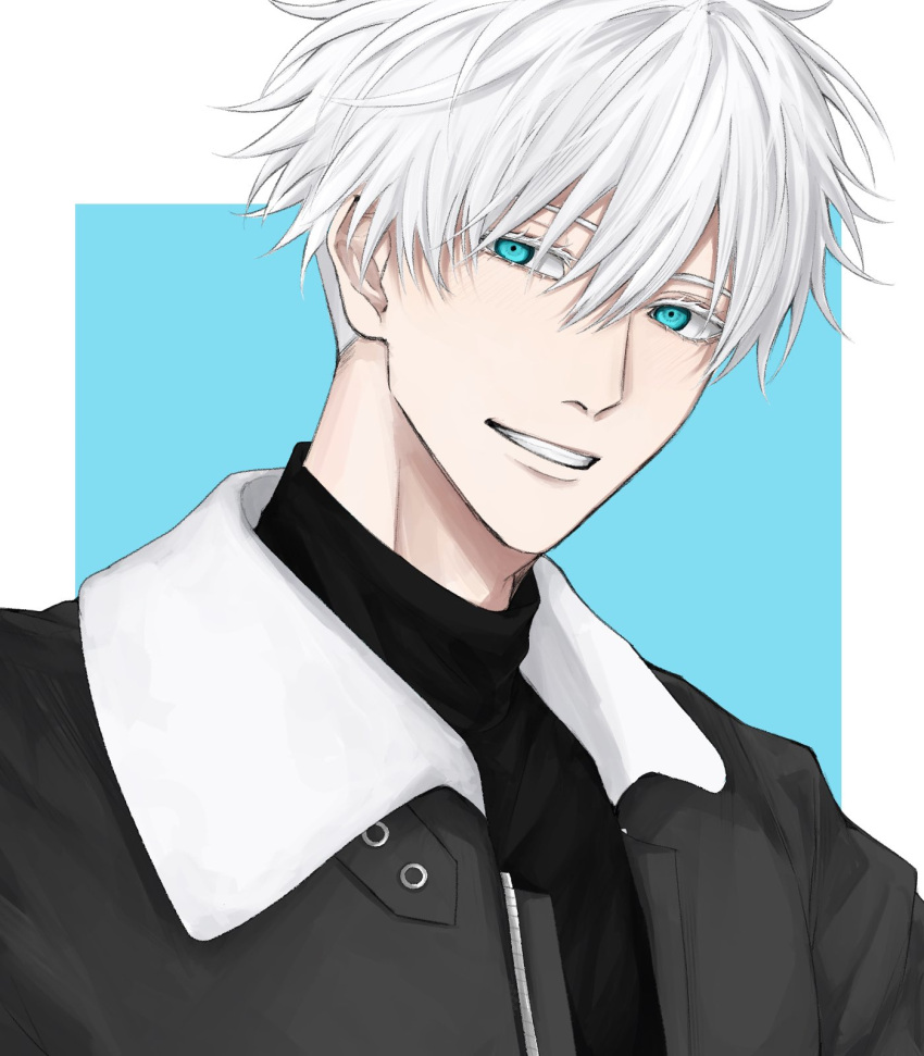 Safebooru - 1boy black jacket black sweater blue background blue eyes commentary request gojou ...