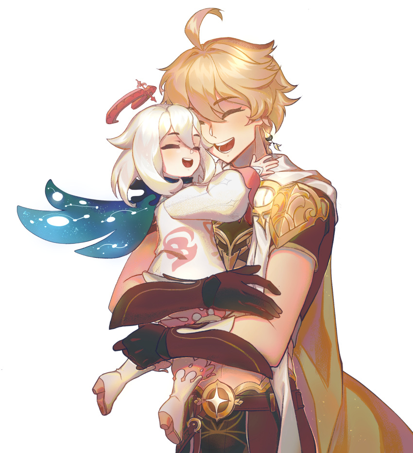 Safebooru - 1boy 1girl aether (genshin impact) ahoge blonde hair blush capelet closed eyes dress ...