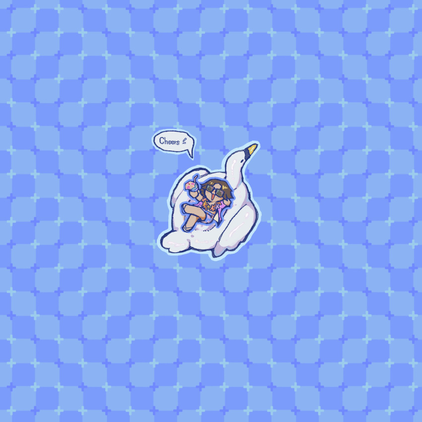 Safebooru - 1boy :d blue background blue outline brown hair checkered ...