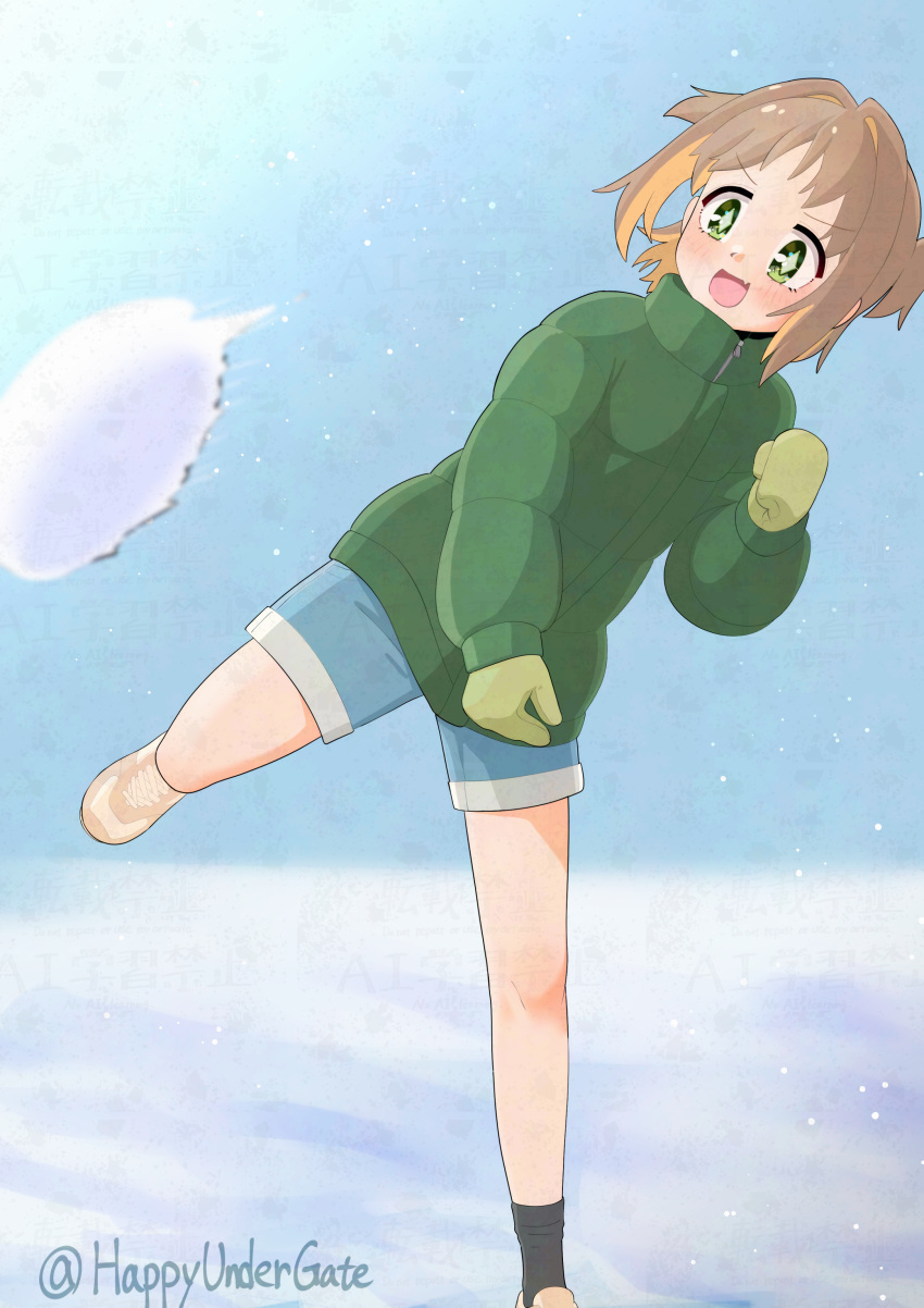 Safebooru - 1girl :d absurdres adversarial noise artist name bare legs black socks blue shorts ...