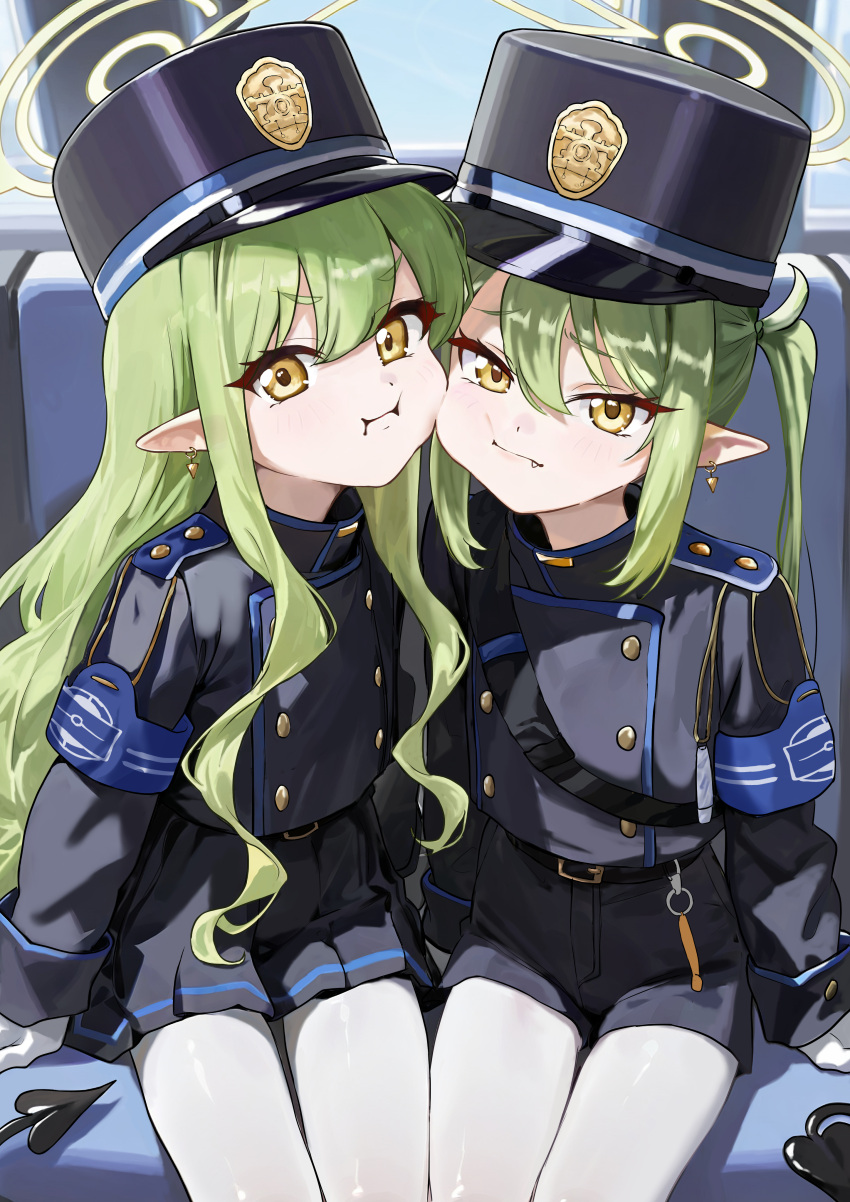 Safebooru - 2girls :i absurdres armband badge belt belt buckle bench black belt black hat black ...