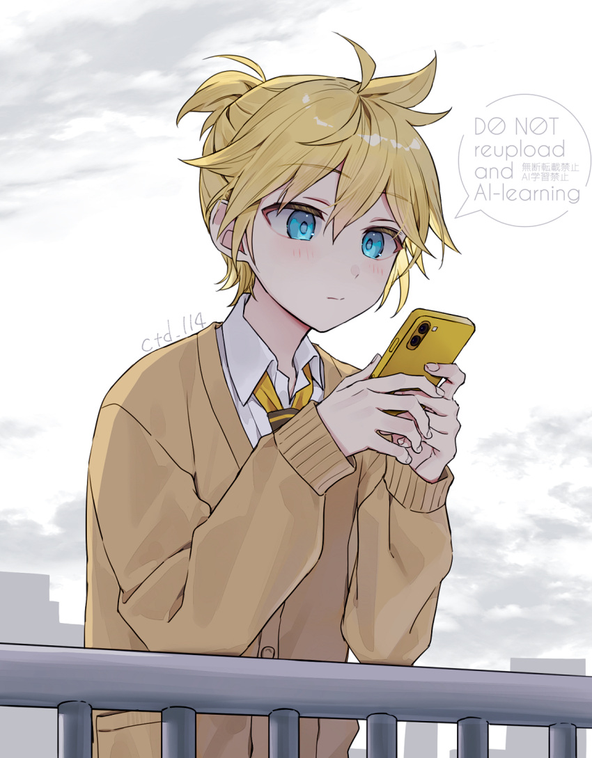 Safebooru - 1boy artist name blonde hair blue eyes blush buttons cardigan cellphone closed mouth ...