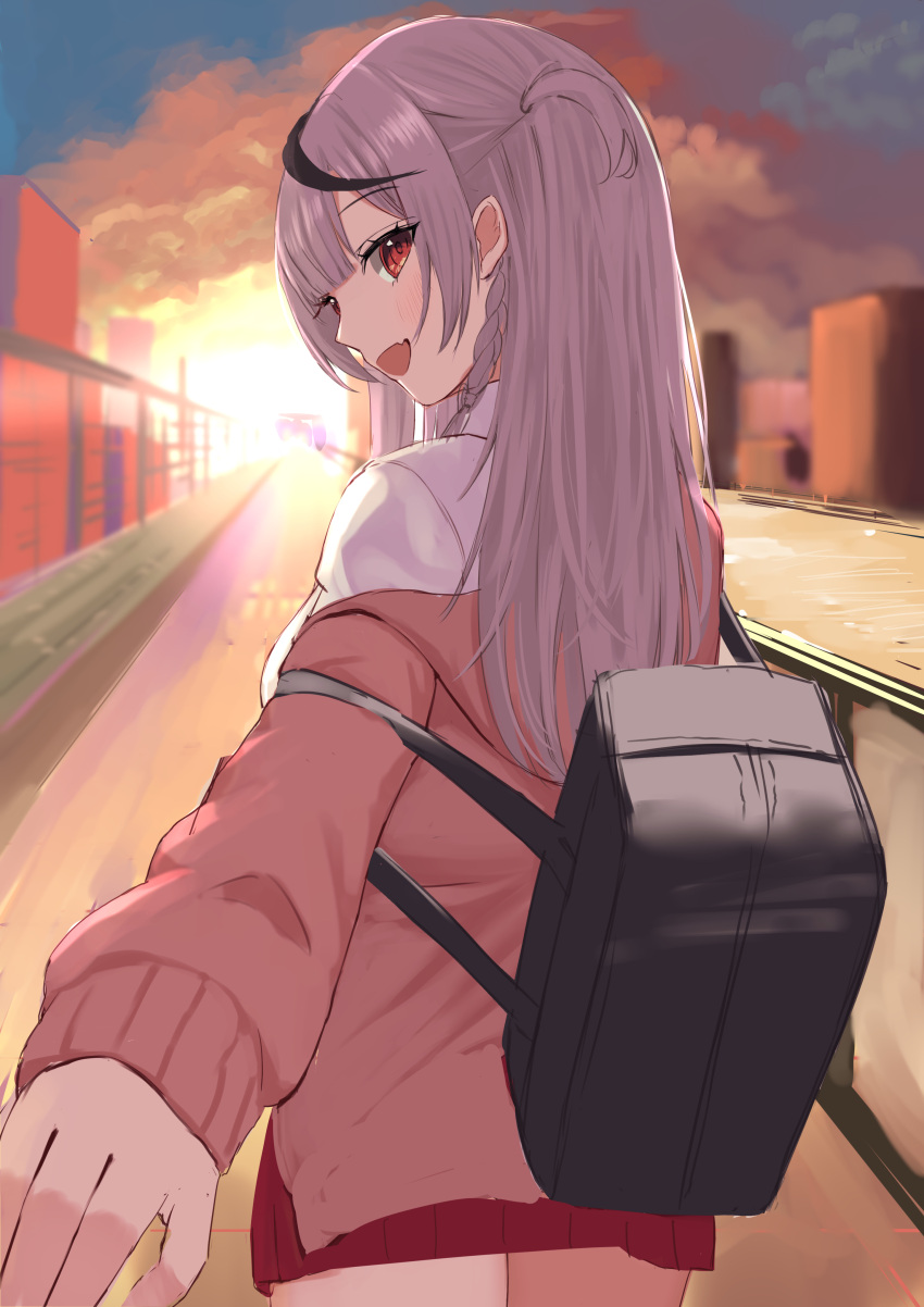 Safebooru - 1girl absurdres ara1e bag black hair blush braid cardigan ...