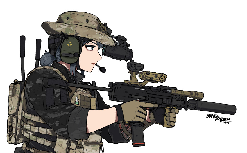 Safebooru - 1girl absurdres aircraft bangdog black hair boonie hat brown gloves camouflage ...