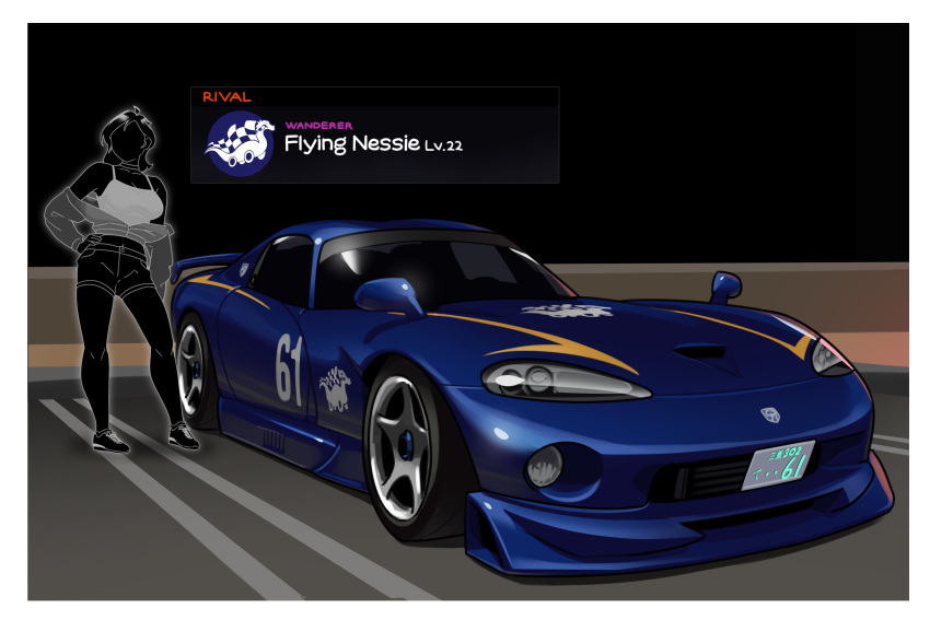 Safebooru - 1girl arhentol blue car breasts car dodge (company) dodge viper english commentary ...