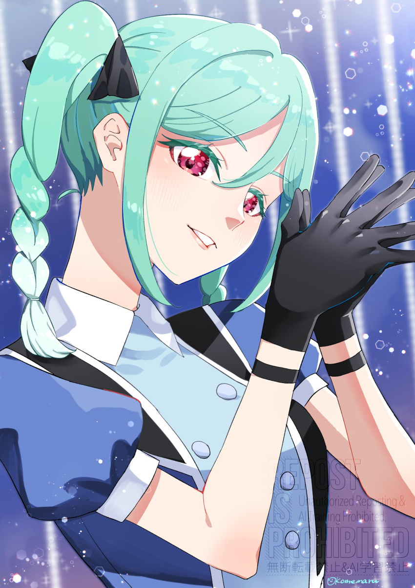 Safebooru - 1girl aqua hair black bow black gloves blue background blue dress blurry blurry ...