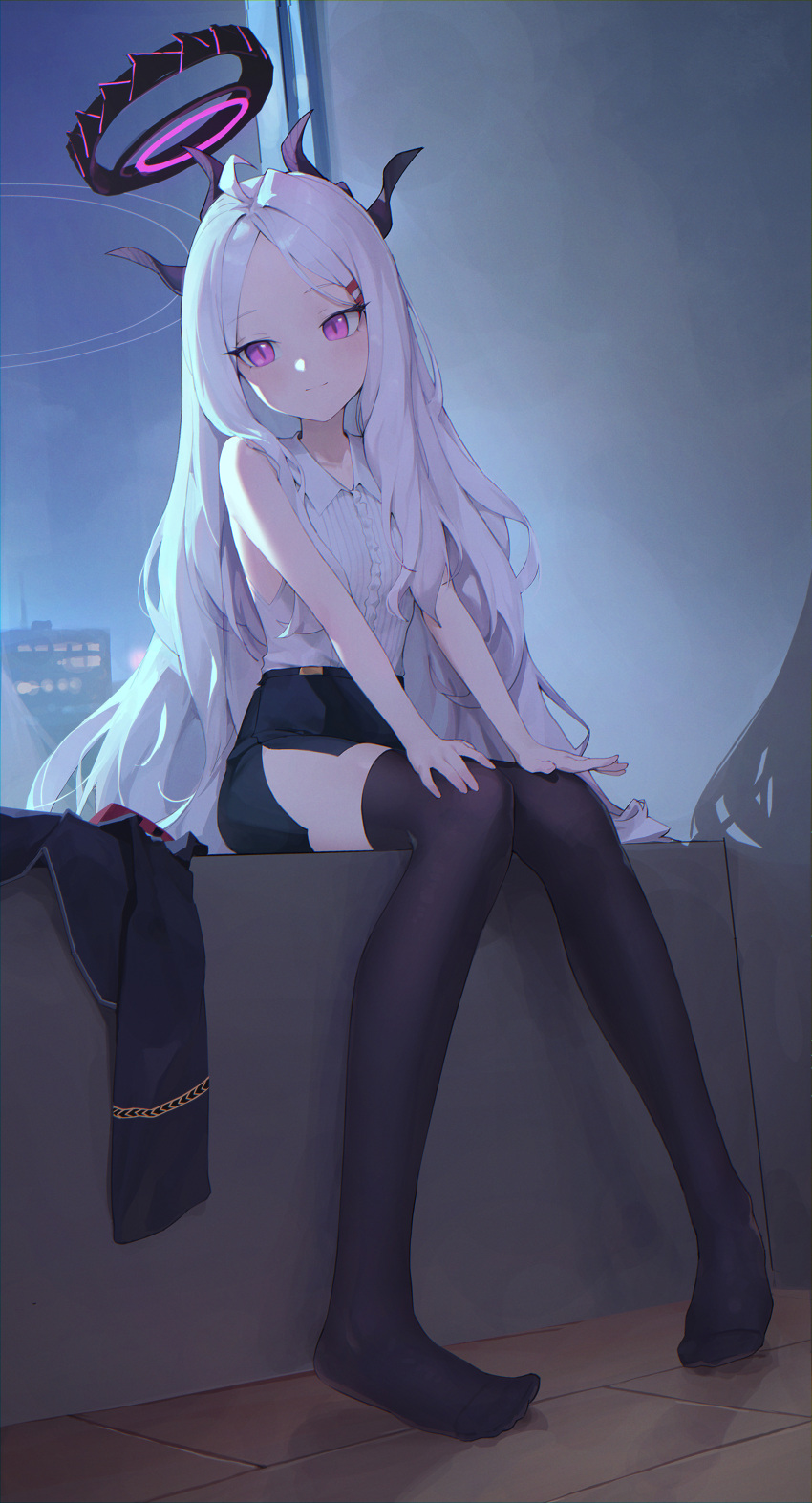 Safebooru - 1girl absurdres ahoge alaskastomatoez armband black coat black halo black skirt ...