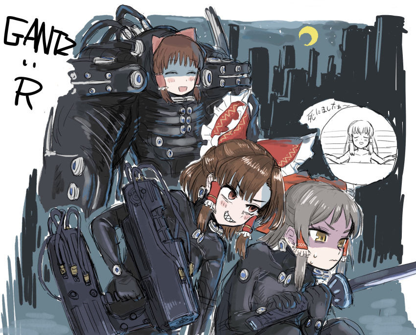 Safebooru - 4girls benikurage (cookie) black bodysuit bodysuit bow brown eyes brown hair closed ...