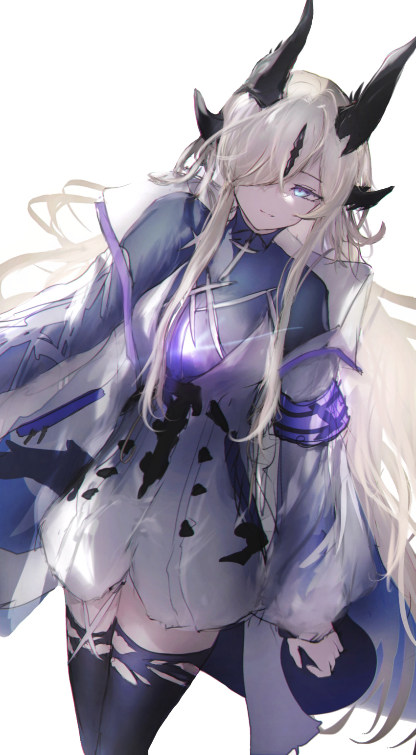 Safebooru - 1girl absurdres arknights black horns black shirt blonde hair blue eyes cowboy shot ...