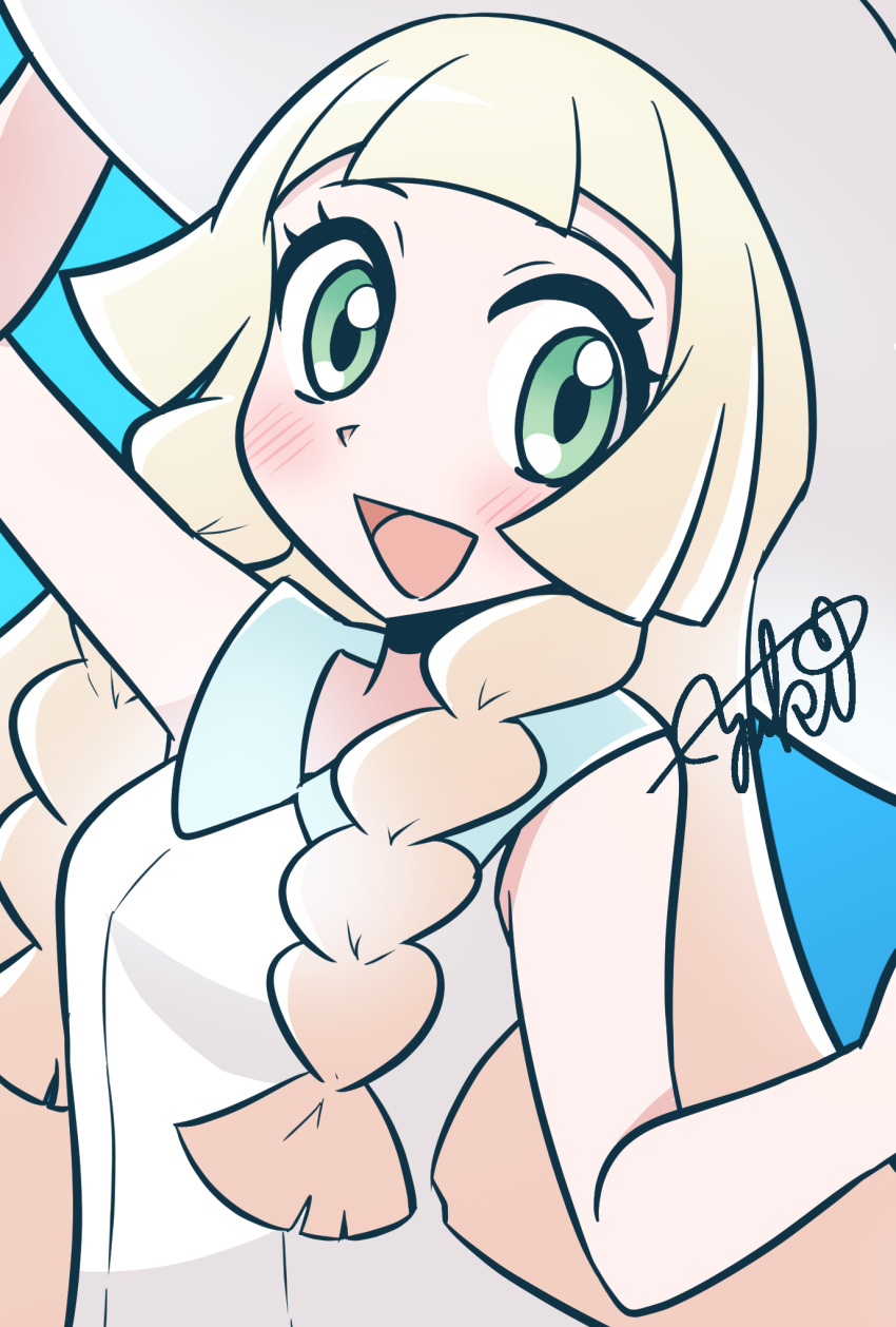 Safebooru - 1girl arm up blonde hair blue background blush braid dress eyelashes green eyes hat ...