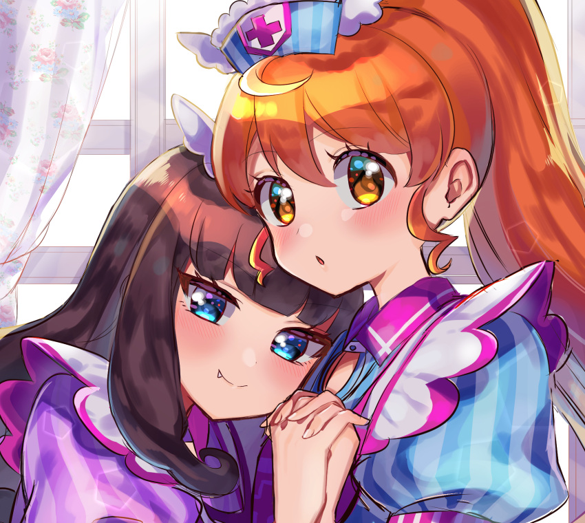 Safebooru - 2girls blue eyes curtains fang hairband hat highres holding ...