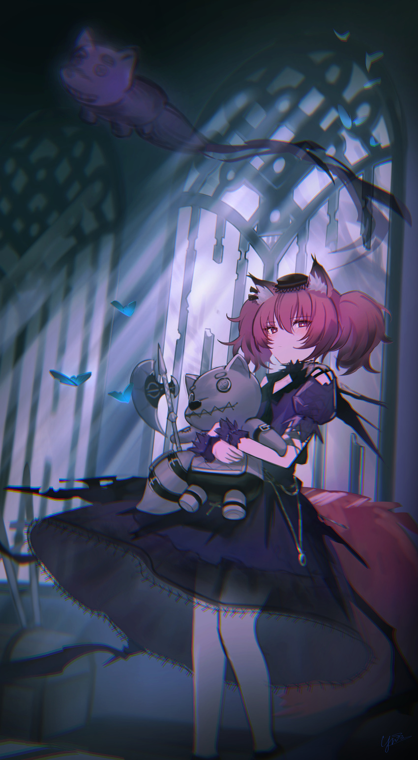 Safebooru - 1girl absurdres animal ear fluff animal ears arknights black dress blue butterfly ...