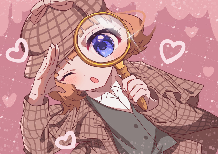 Safebooru - 1girl :o absurdres amiran ( q mo) blue eyes blush brown coat brown hair brown hat ...