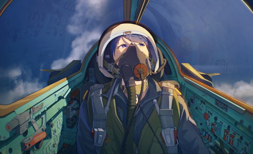 Safebooru - 1girl absurdres aircraft airplane blue eyes blue hair blue sky cockpit collar ...
